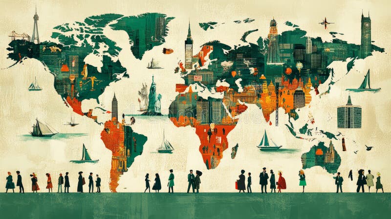Colorful World Map Featuring Iconic Landmarks and Diverse People ...