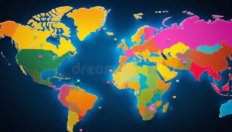 Colorful World Map with Illuminated Borders Stock Photo - Image of ...