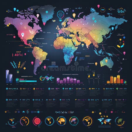 Colorful World Map Infographic with Data Visualizations and Icons Stock ...