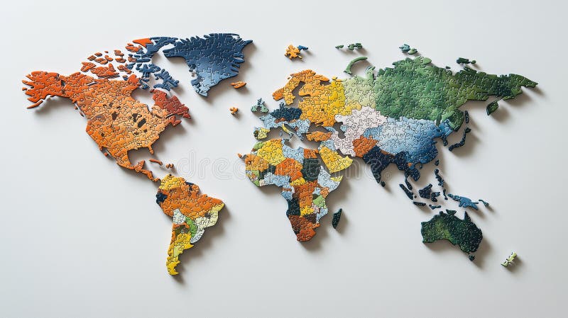 A Colorful World Map Jigsaw Puzzle Partially Assembled on a White ...