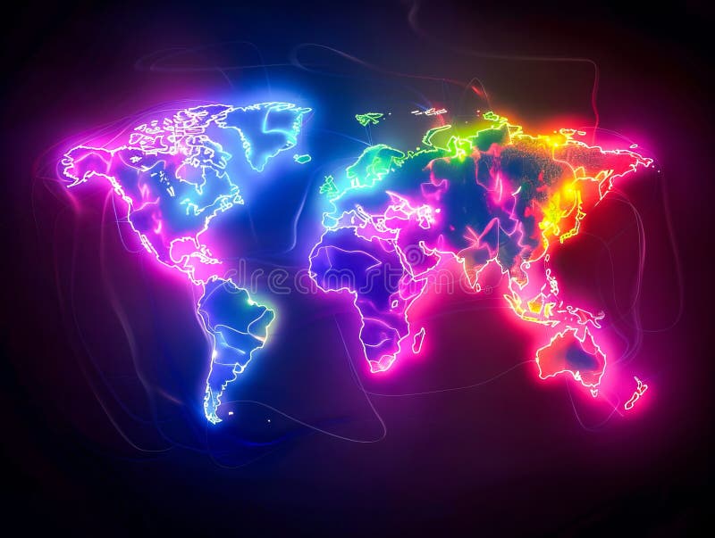 A Colorful World Map with Neon Lights Stock Photo - Image of color ...