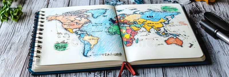 Colorful World Map in Notebook Stock Illustration - Illustration of ...
