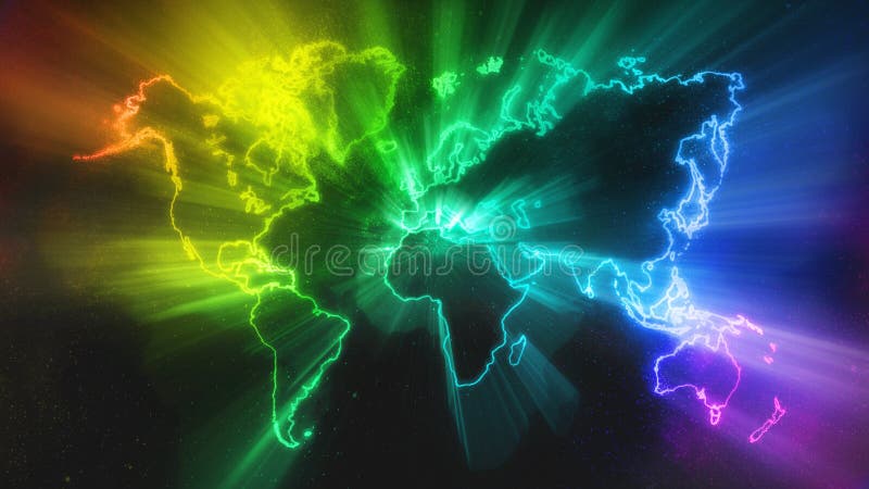 Colorful World Map on Dark Background, Rainbow Glowing World Map Stock ...