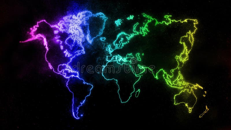 Colorful World Map on Dark Background, Rainbow Glowing World Map Stock ...