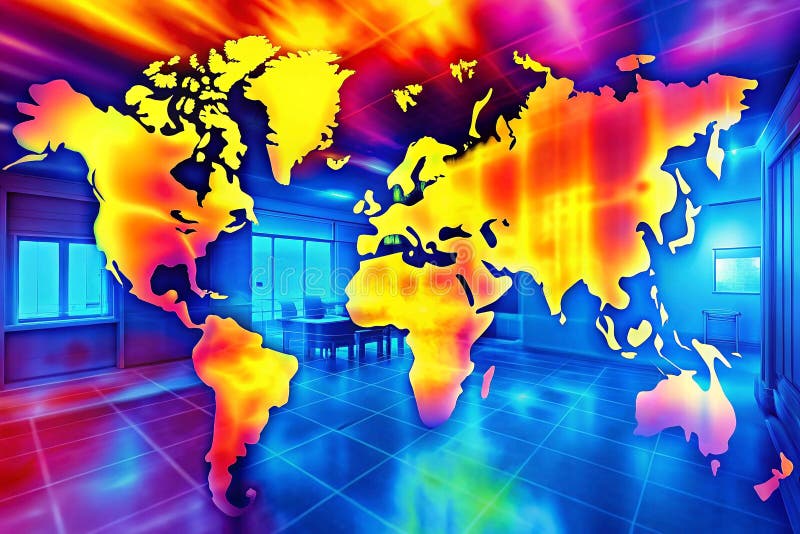 Colorful World Map Overlayed on a Modern Office Stock Illustration ...