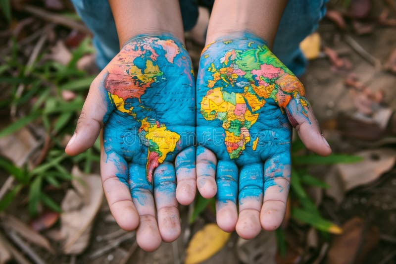 Colorful World Map Painted on Hands Symbolizing Global Unity and ...