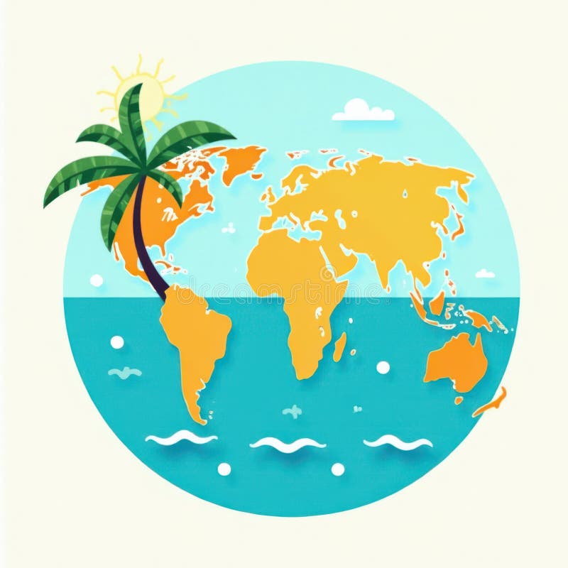 Colorful World Map with Palm Tree and Ocean View in a Tropical Setting ...