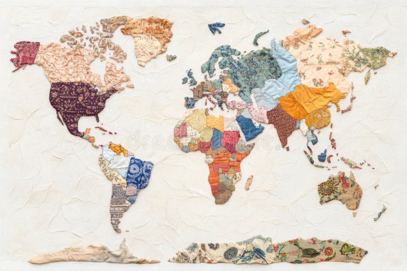 Colorful World Map Patchwork Textile Displaying Various Patterns and Hues Representing ...