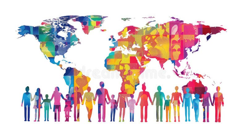 Colorful World Map with People Holding Hands in a Circle Stock ...