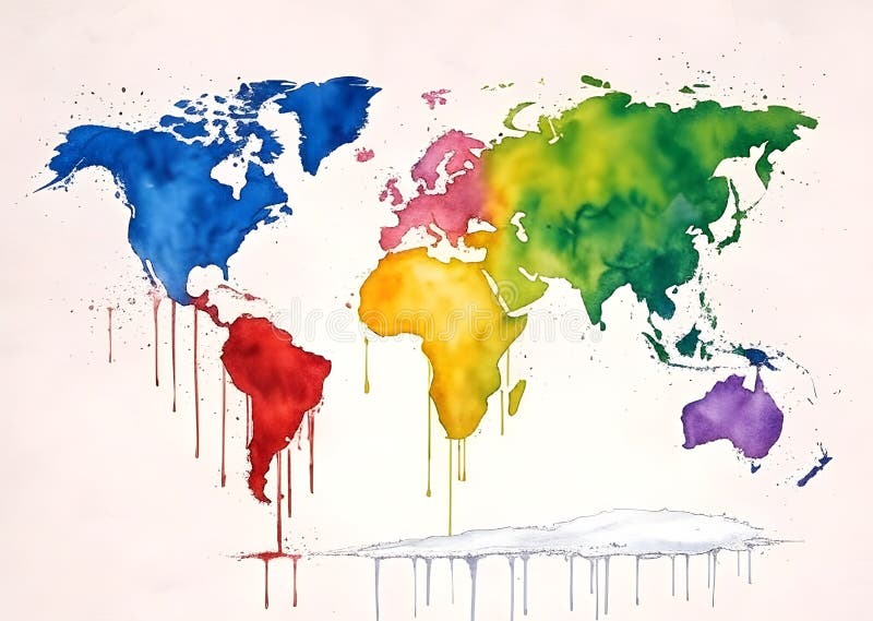 Vibrant Watercolor World Map with Dynamic Flowing Colors Stock ...