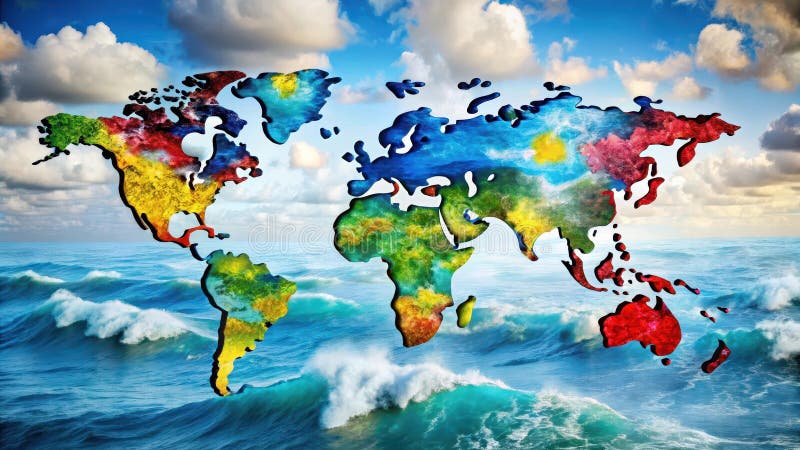 A Colorful World Map Set Against a Dramatic Ocean Wave Background ...