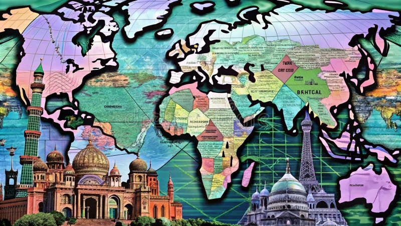 A Colorful World Map with Various Landmarks Superimposed on it Stock ...