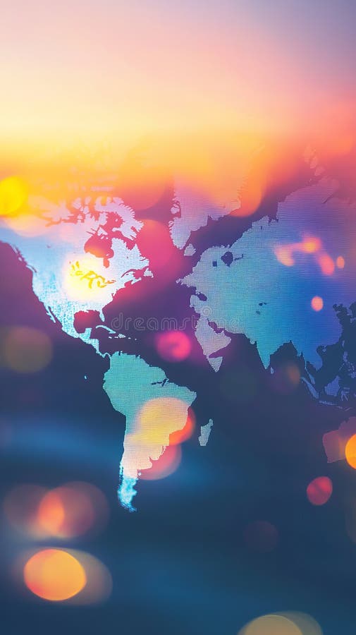 Colorful World Map with Vibrant Sunset Background and Bokeh Effect ...