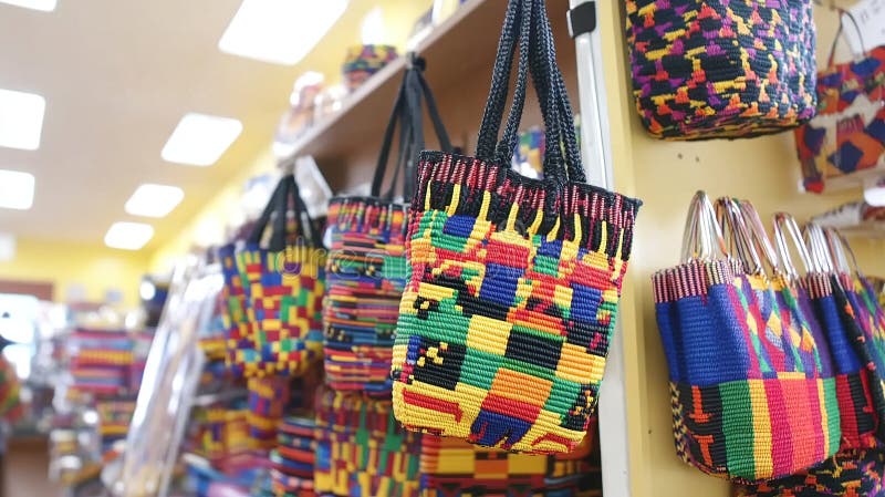 Colorful Woven Bags Displayed in a Shop Stock Photo - Image of design ...