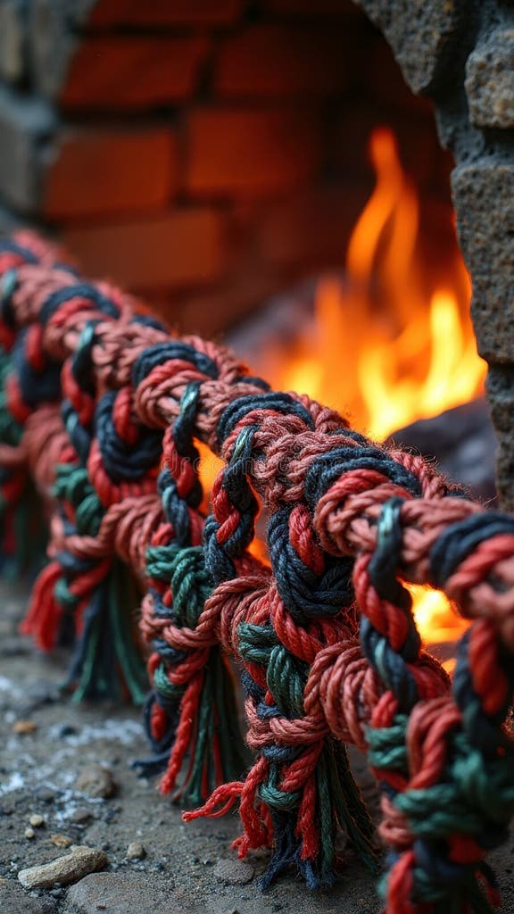 Colorful Woven Rope in Front of a Warm Brick Fireplace with Flames ...
