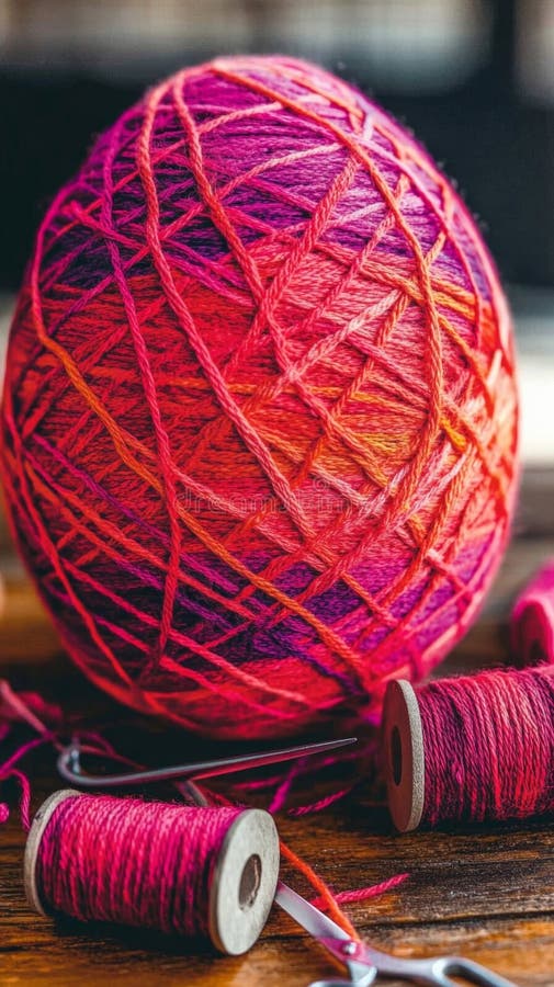 Colorful Woven Thread Easter Egg Displayed on Rustic Wooden Table with ...