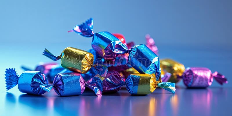 Colorful Wrapped Candies Reflecting on Blue Surface Stock Photo - Image ...