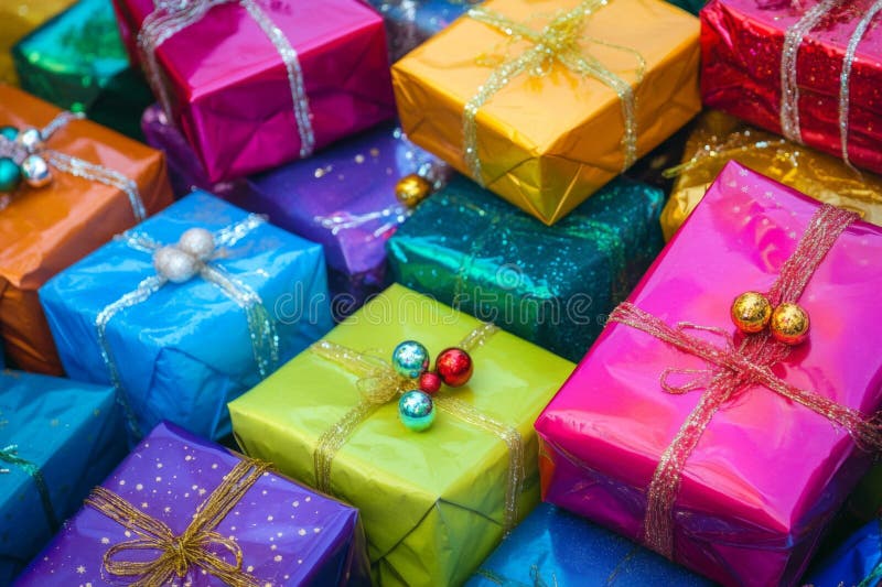 Colorful Wrapped Gift Boxes with Ornaments Stock Illustration ...