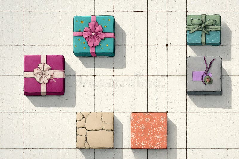 Colorful Wrapped Gifts Arranged on a Grid Pattern Background in a ...