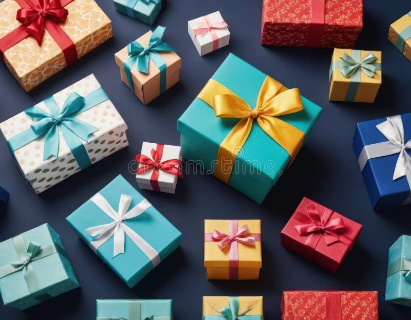 Colorful Wrapped Gifts on Blue Surface. Generative AI Stock Photo ...