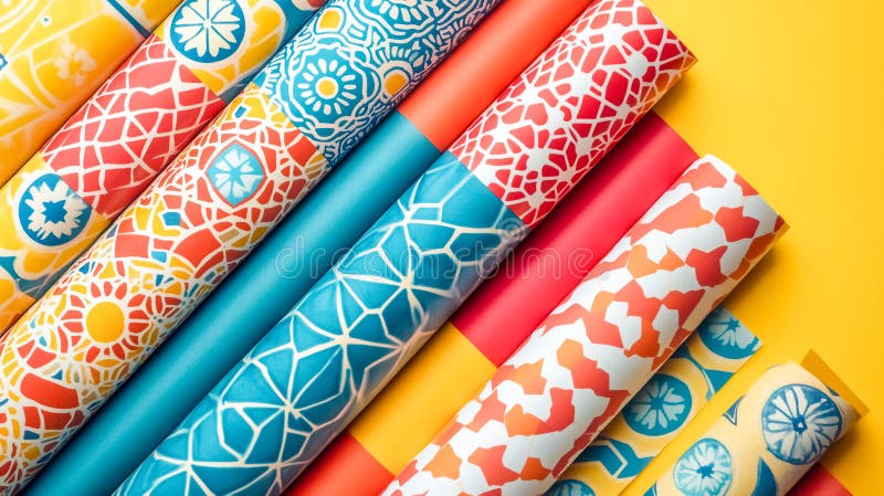 Colorful Wrapping Paper Rolls Displaying Intricate Geometric Patterns ...