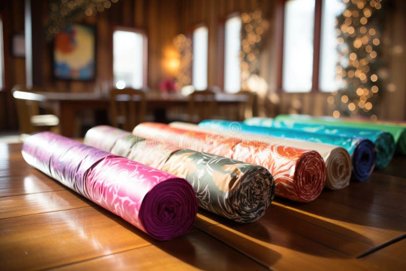 Colorful Wrapping Paper Rolls on a Wooden Table Stock Illustration ...