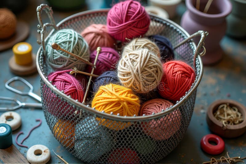 Colorful Yarn Balls in Basket with Knitting Tools on Rustic Table Stock ...