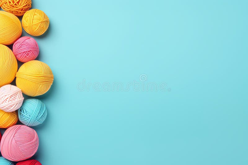 Colorful Yarn Balls Composition with Copy Space on Blue Background ...