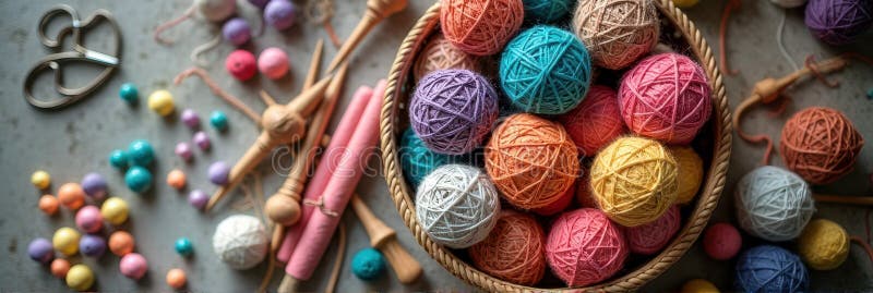 Colorful Yarn Balls and Knitting Tools in a Basket on Rustic Surface ...