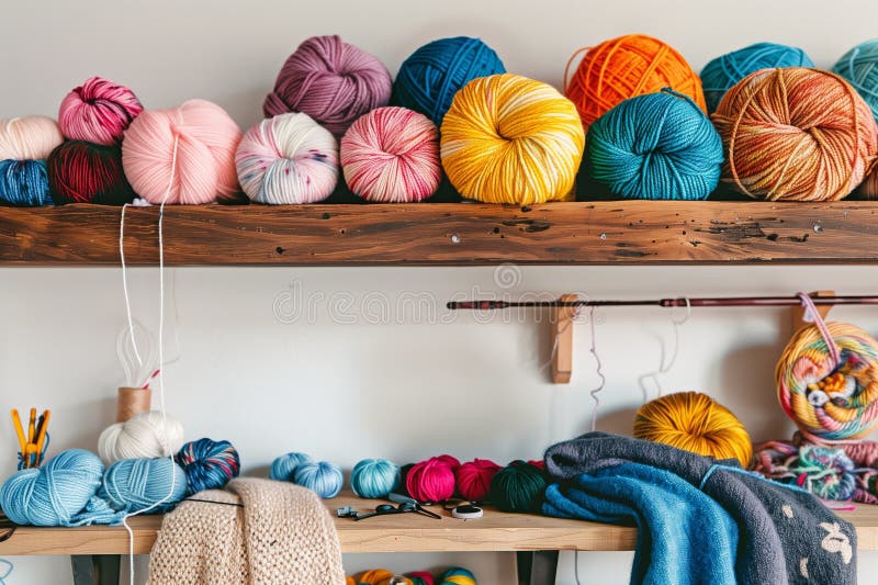 Colorful Yarn Balls On Shelf Above A Knitting Station Stock Image