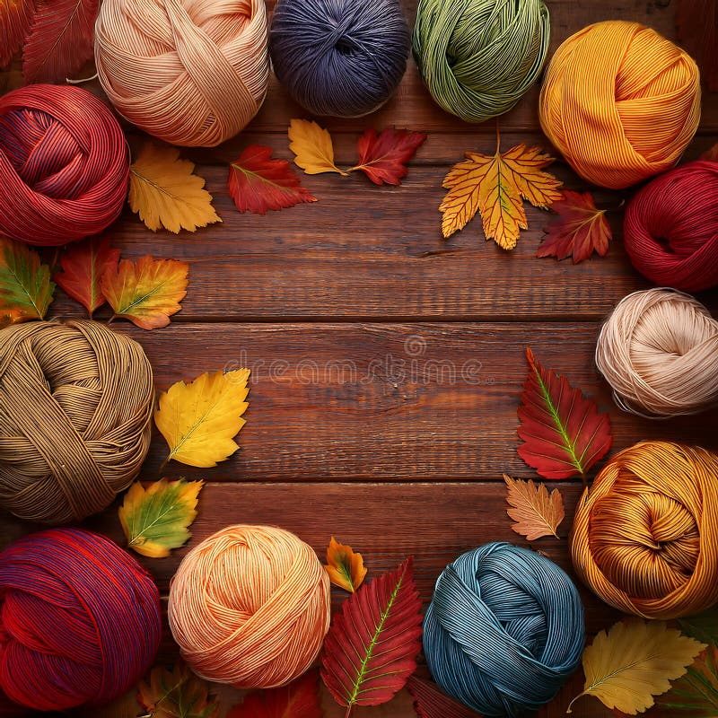 Colorful Yarn Balls Surrounded by Vibrant Fall Leaves on a Rustic ...