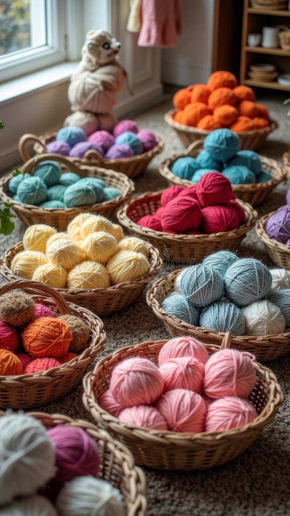 Colorful Yarn Baskets Display by a Window Stock Illustration ...