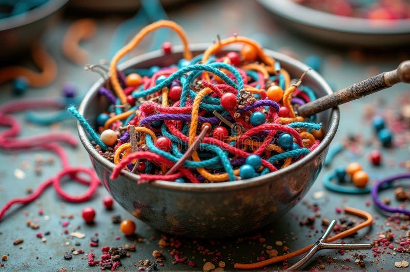 Colorful Yarn and Beads in Rustic Bowl Creating a Vibrant Craft Scene ...