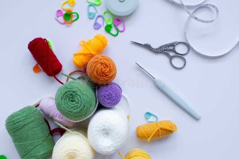 Colorful Yarn and Crochet Tools on White Background Stock Image - Image ...