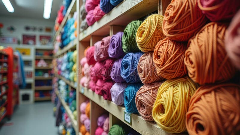 Colorful Yarn Display in a Craft Store Aisle with Diverse Wool Textures ...