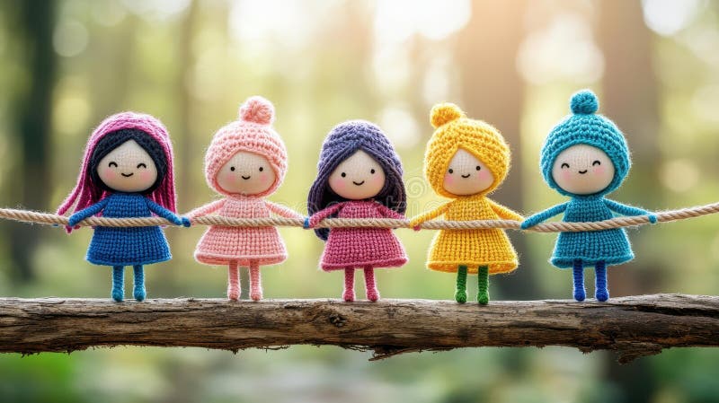 Colorful Yarn Dolls Embrace Unity and Teamwork, Set Against a Bright ...
