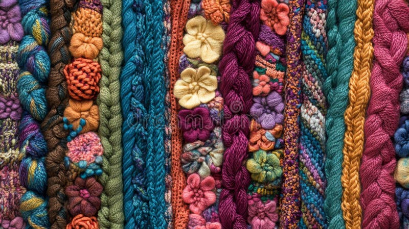 Colorful Yarn and Embroidered Flower Patterns Stock Illustration ...