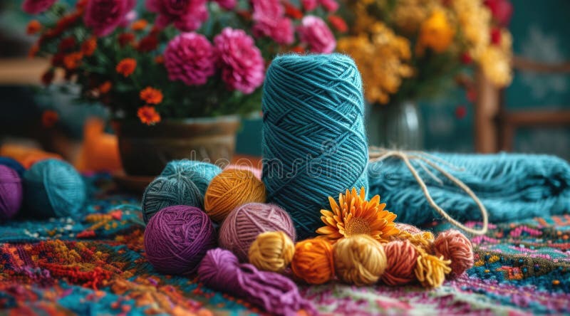 Colorful Yarn Floats Onto a Colorful Cloth Table with Stock ...
