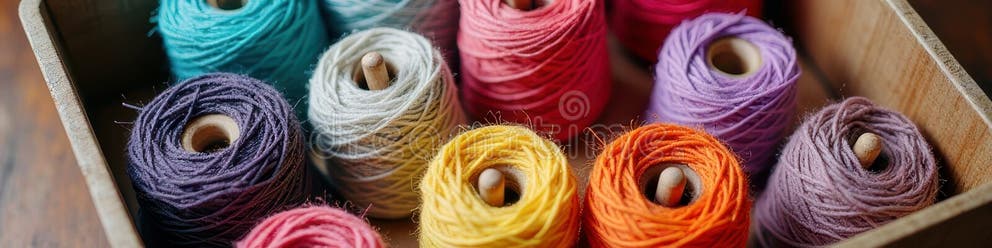 Colorful Yarn Rolls in Wooden Box Organized in Vibrant Array Stock ...