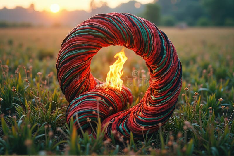 Colorful Yarn Sculpture with Fire Element in a Field at Sunset Stock ...