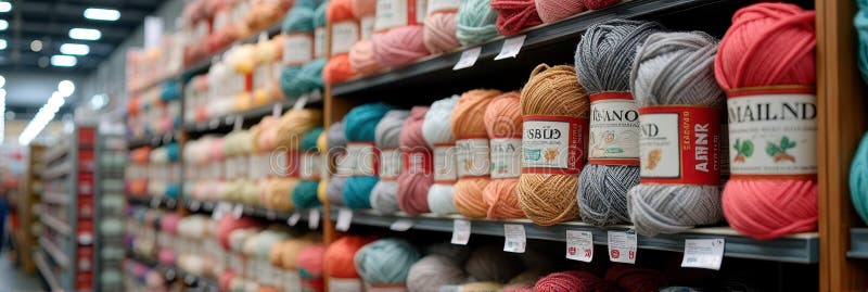 Colorful Yarn Selection in Craft Store Aisle with Diverse Textures and ...