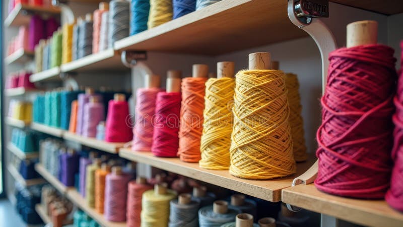 Colorful Yarn Spools on Shelves in Bright Craft Store Setting Stock ...