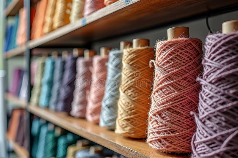 Colorful Yarn Spools on Shelves in a Textiles Store Displaying Diverse ...