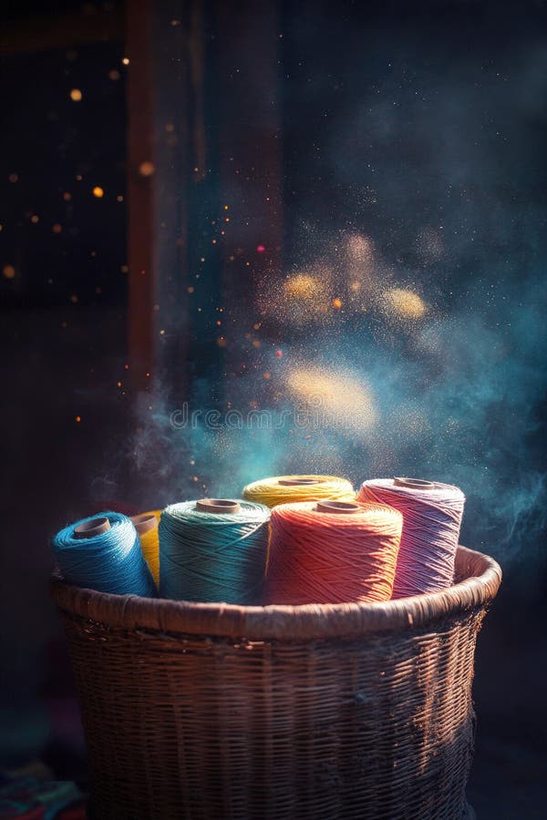 Colorful Yarn Spools in a Wicker Basket with Dramatic Lighting and ...