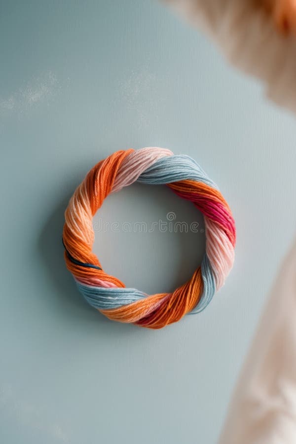 Colorful Yarn Strands Forming a Circle on Blue Background. Stock Image ...