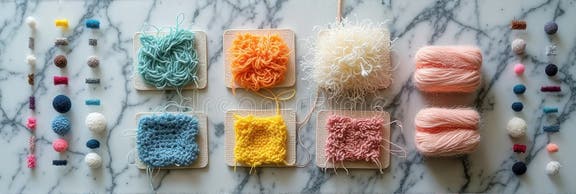 Colorful Yarn Swatches and Textures Arranged on Marble Surface Stock ...