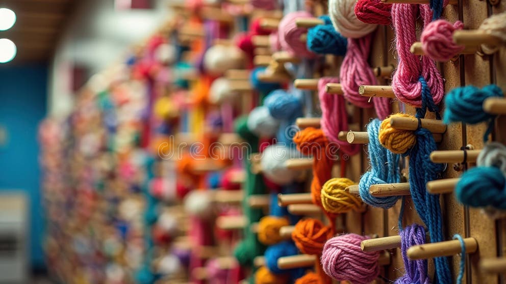 Colorful Yarn Wall with Diverse Textures and Patterns in a Cozy Studio ...