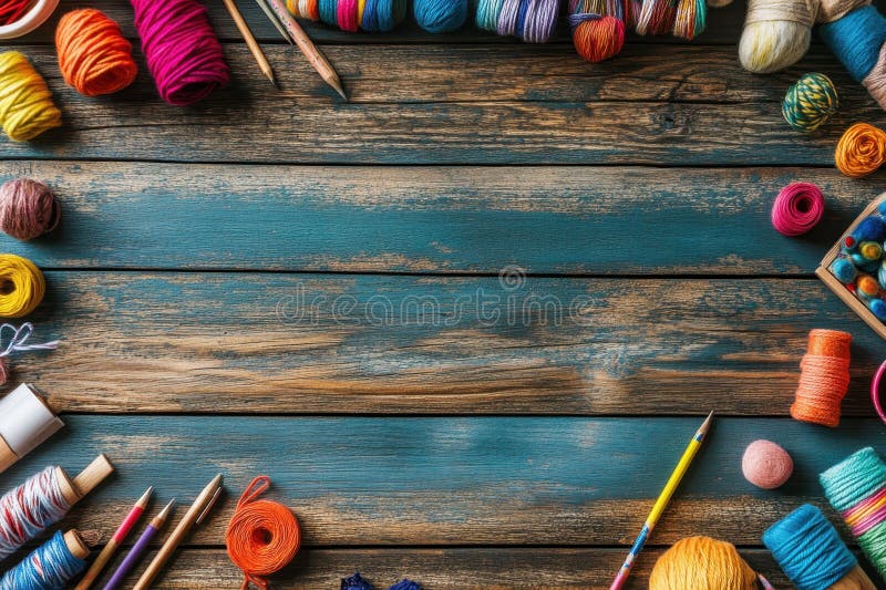 Colorful Yarns and Craft Materials Arranged on a Wooden Table Ready for ...