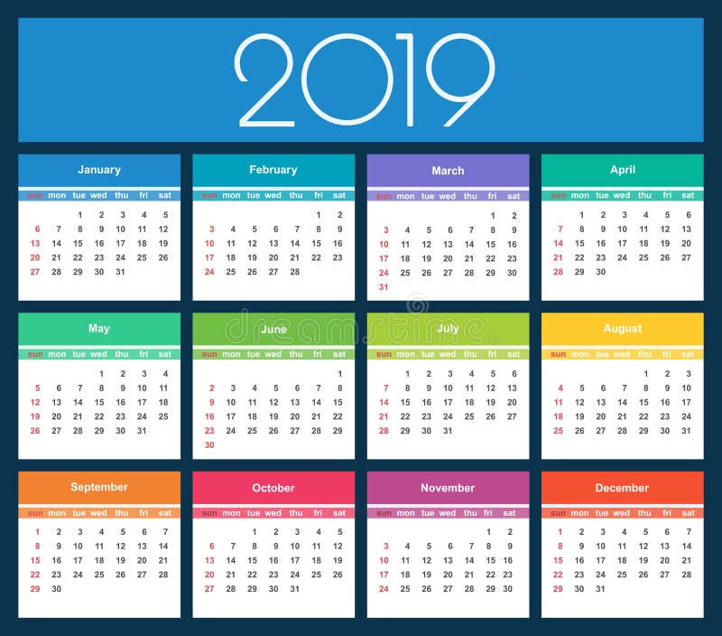 Colorful Year 2019 Calendar Stock Vector - Illustration of number, lgbt ...