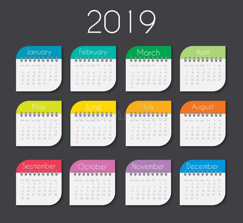 Colorful Year 2019 Calendar Template. Vector Illustration Stock Vector ...